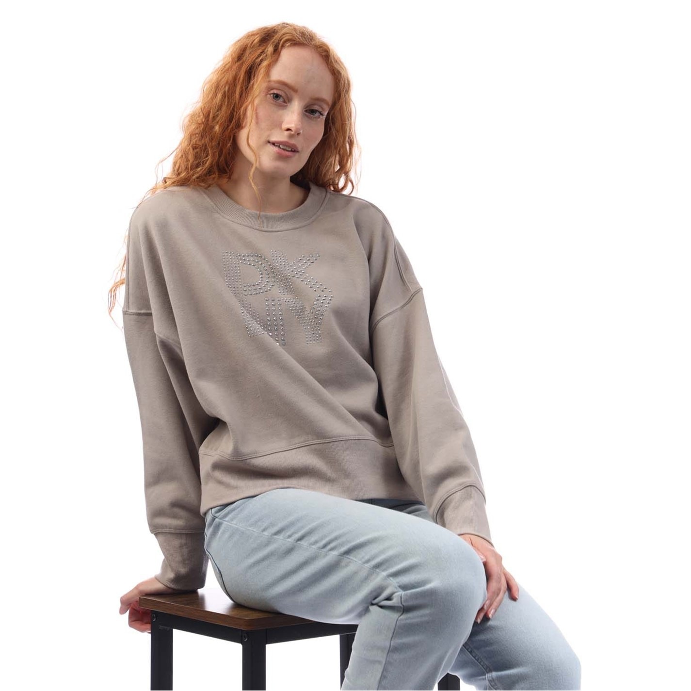 DKNY | Mixed Rhinestone Stud Logo Crew Sweat Shirt | Women | Brown ...