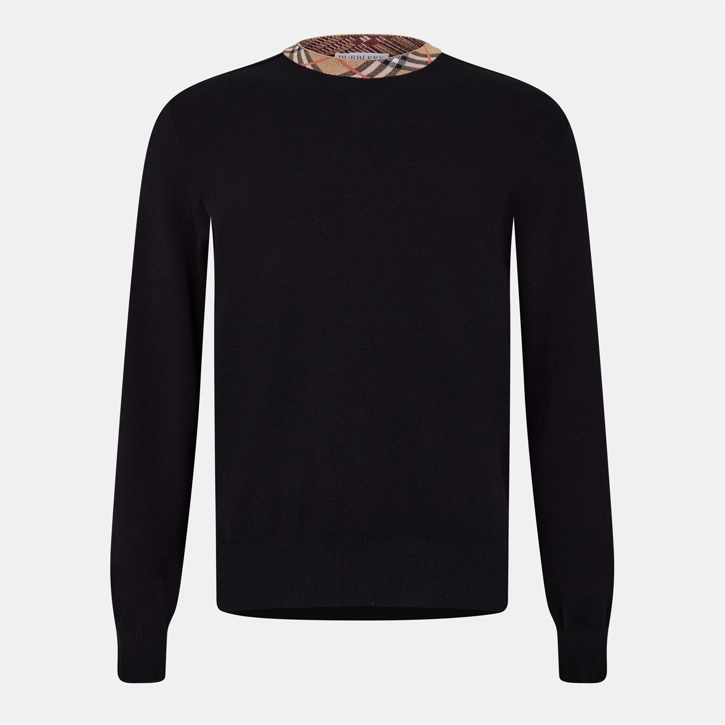 BURBERRY | Men's Check Trim Wool Crew Neck Jumper | Men | Black | Flannels
