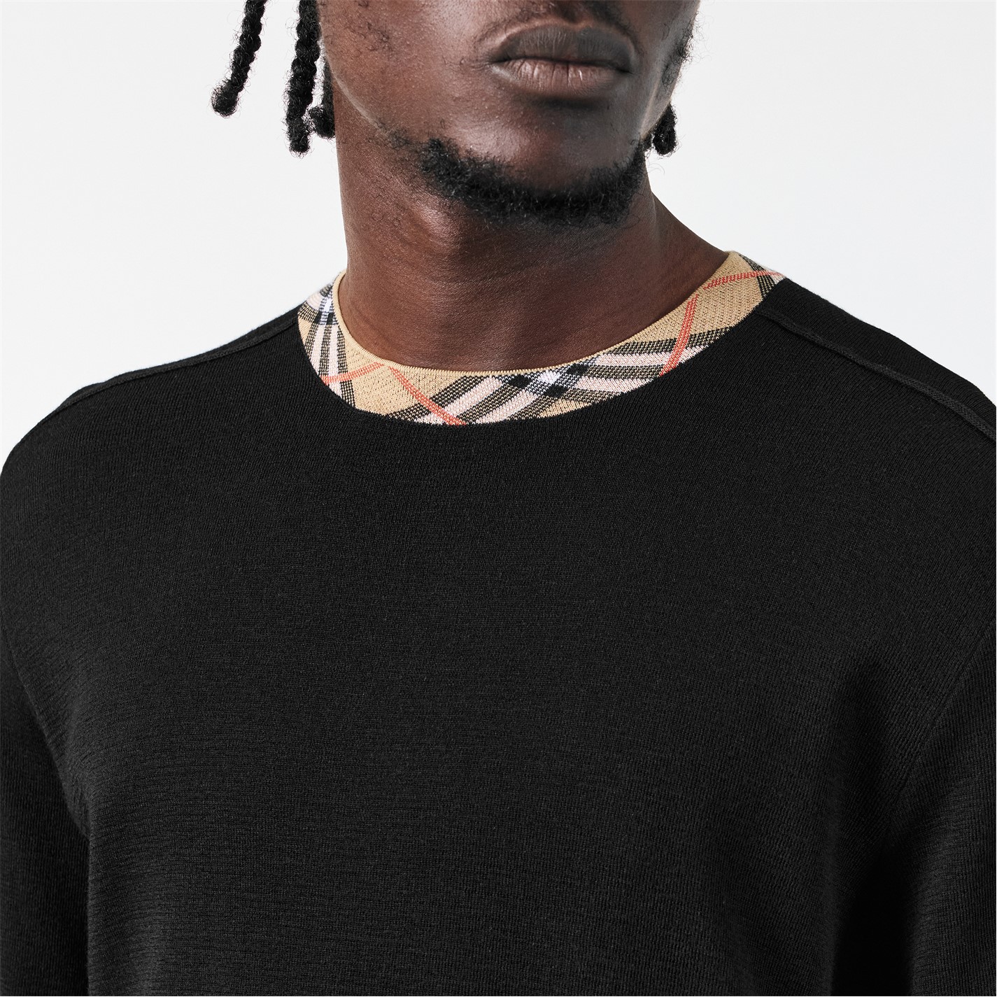 BURBERRY | Men's Check Trim Wool Crew Neck Jumper | Men | Black | Flannels