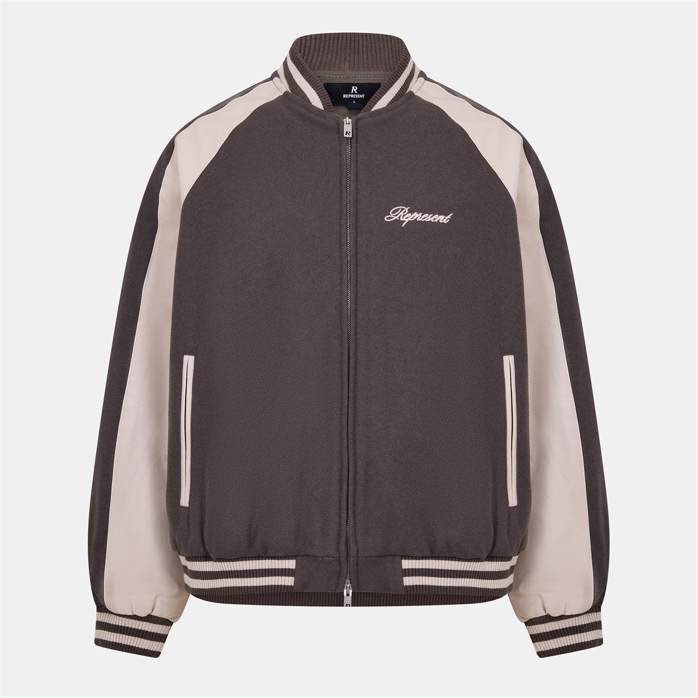 REPRESENT | Men's Metal Snap Button Varsity Jacket | Men | Stone | Flannels