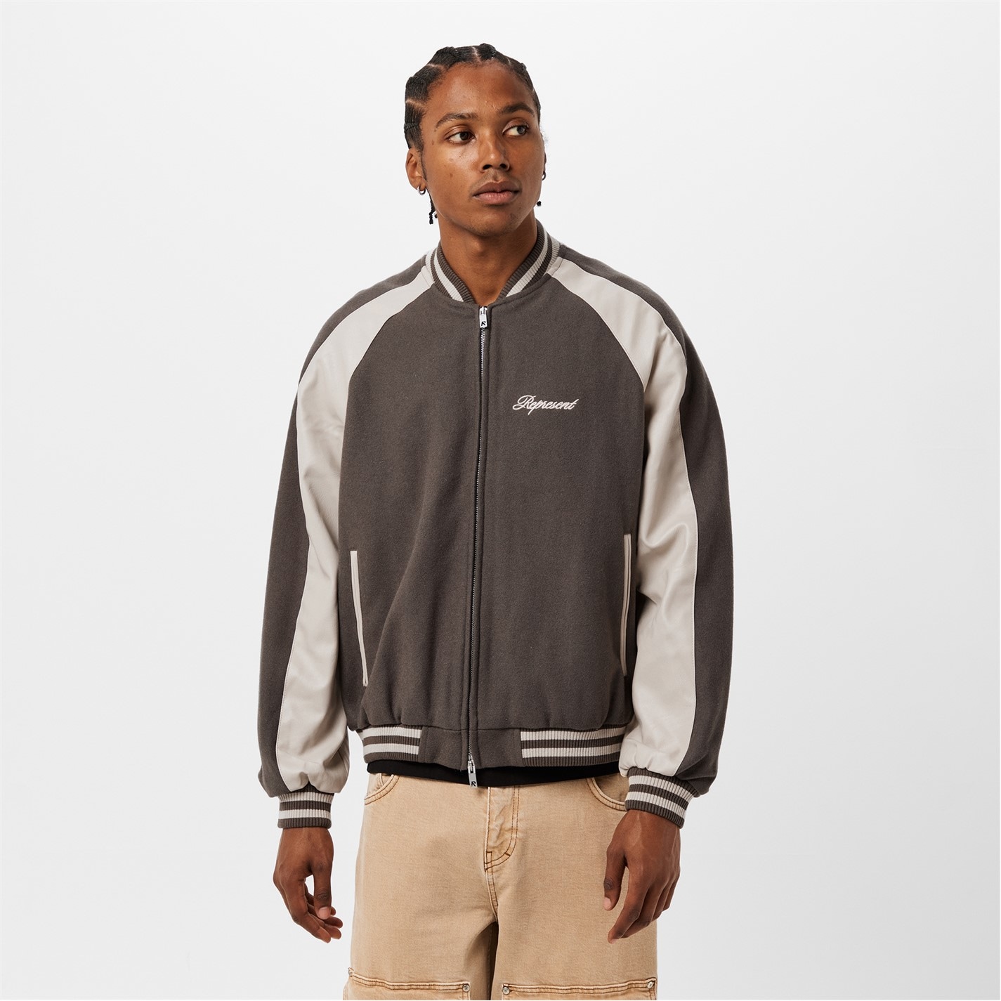 REPRESENT | Men's Metal Snap Button Varsity Jacket | Men | Stone | Flannels