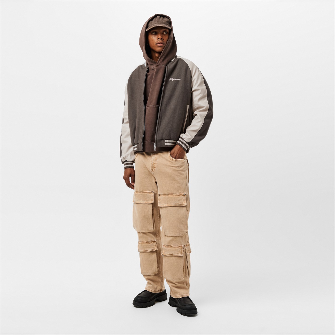 REPRESENT | Men's Metal Snap Button Varsity Jacket | Men | Stone | Flannels