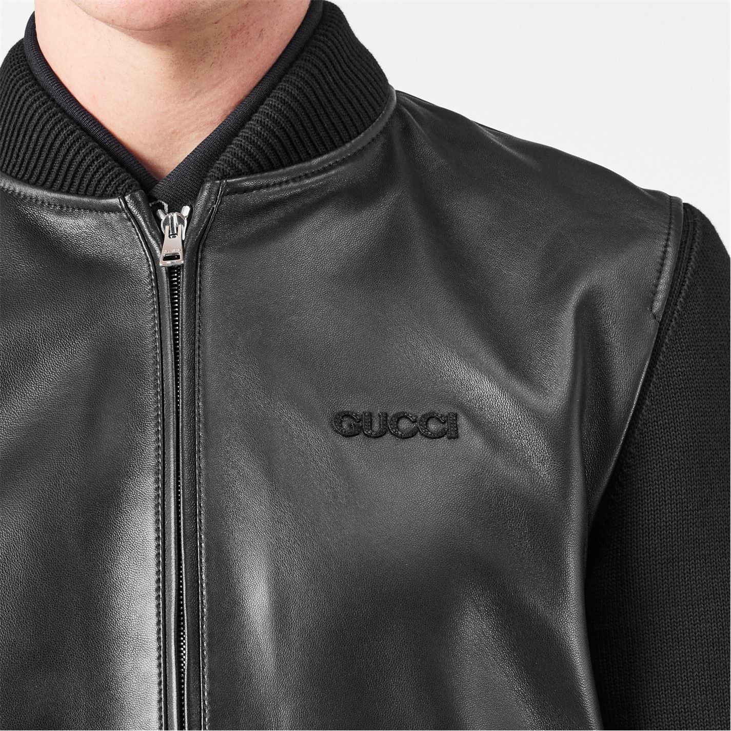 GUCCI | Men's Nappa Leather Knit Long Sleeve Leather Jacket | Men ...